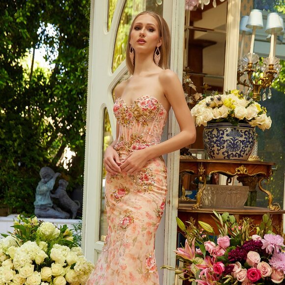GL | Dresses | New Floral Strapless Long Mesh Gown W Floral Print ...